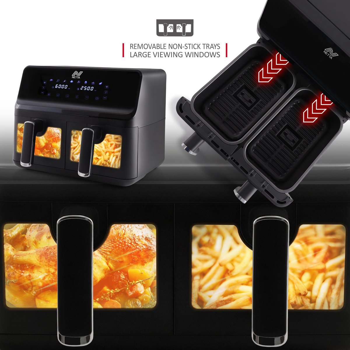 Netta 8l Dual Basket Low Energy Air Fryer With Digital Smart Programmes - 2 Large Drawers, 8 Pre ...